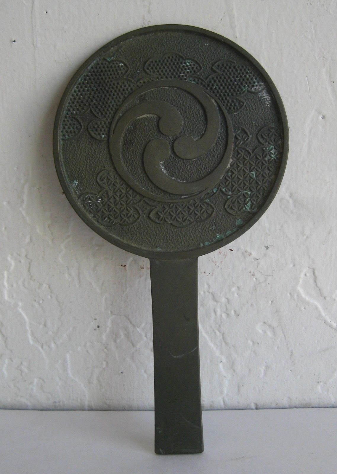Japanese Bronze Silverplated Hand Mirror Tomeo Symbol Meiji Era