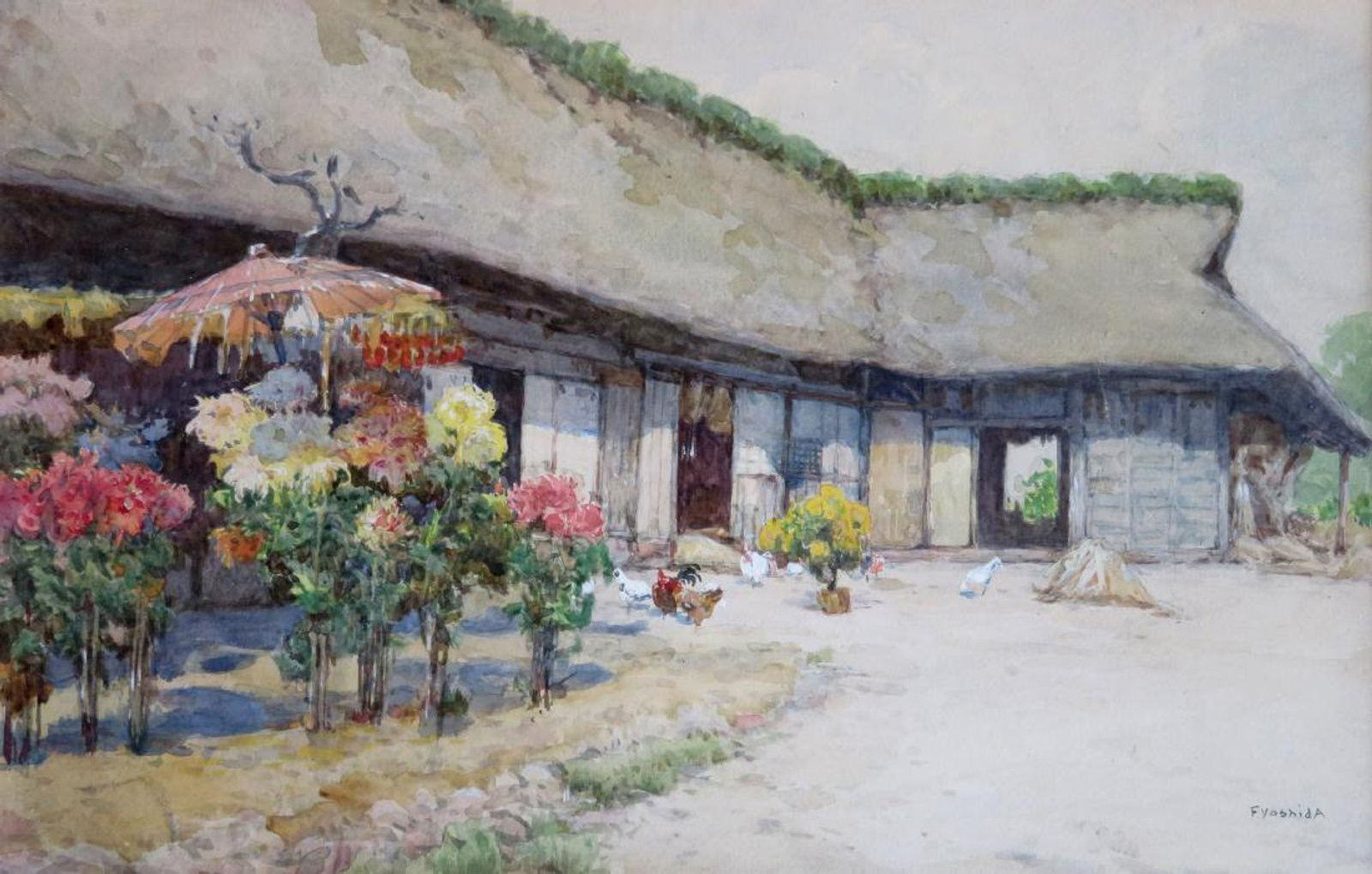 Barnyard Scene by Fujio Yoshida Watercolor Painting