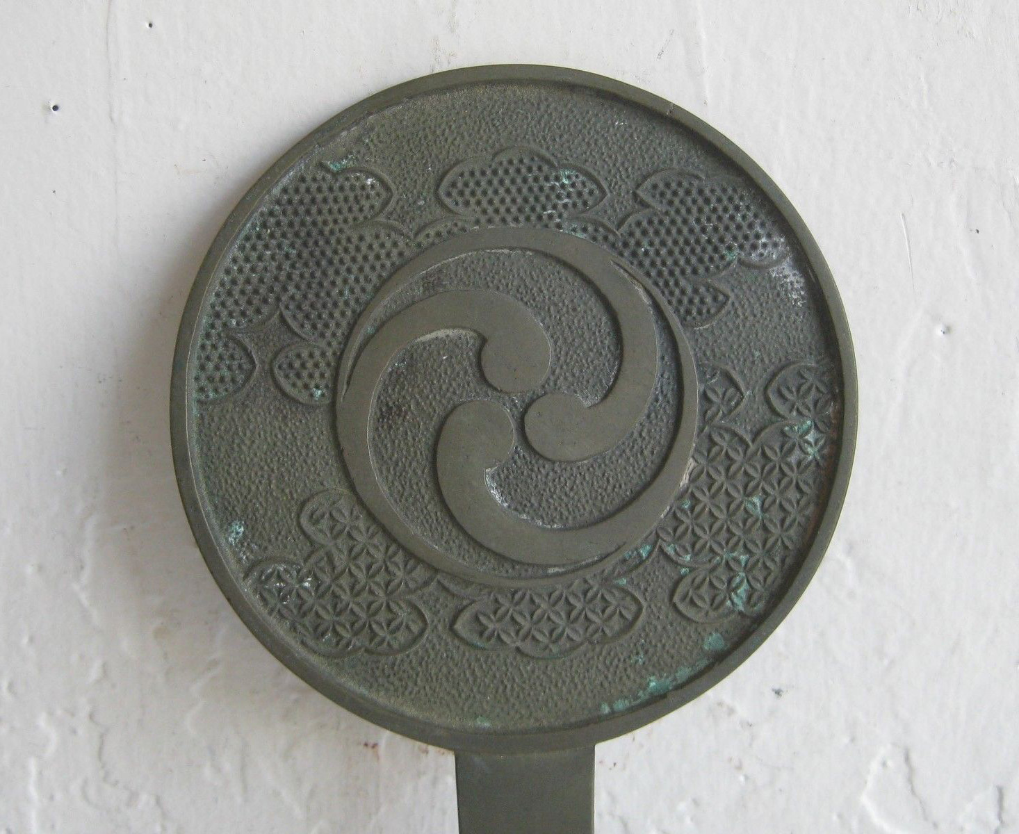 Japanese Bronze Silverplated Hand Mirror Tomeo Symbol Meiji Era