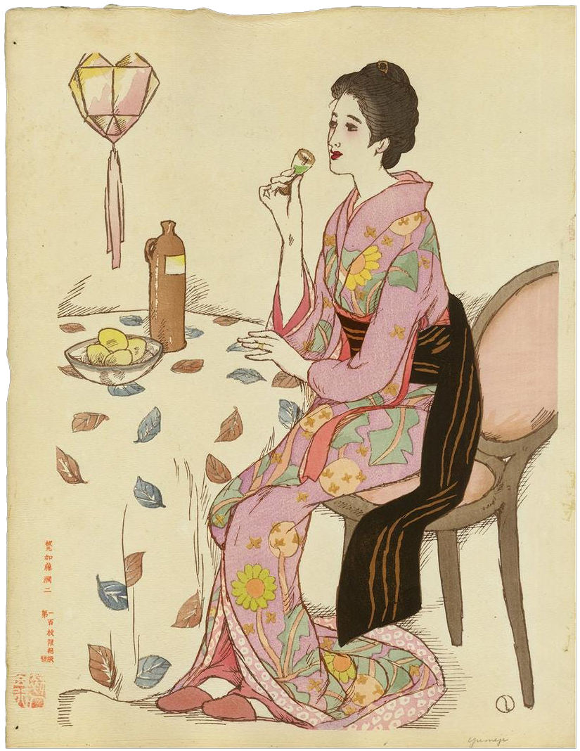Woman Enjoying a Sherry by Takehisa Yumeji Japanese Woodblock Print