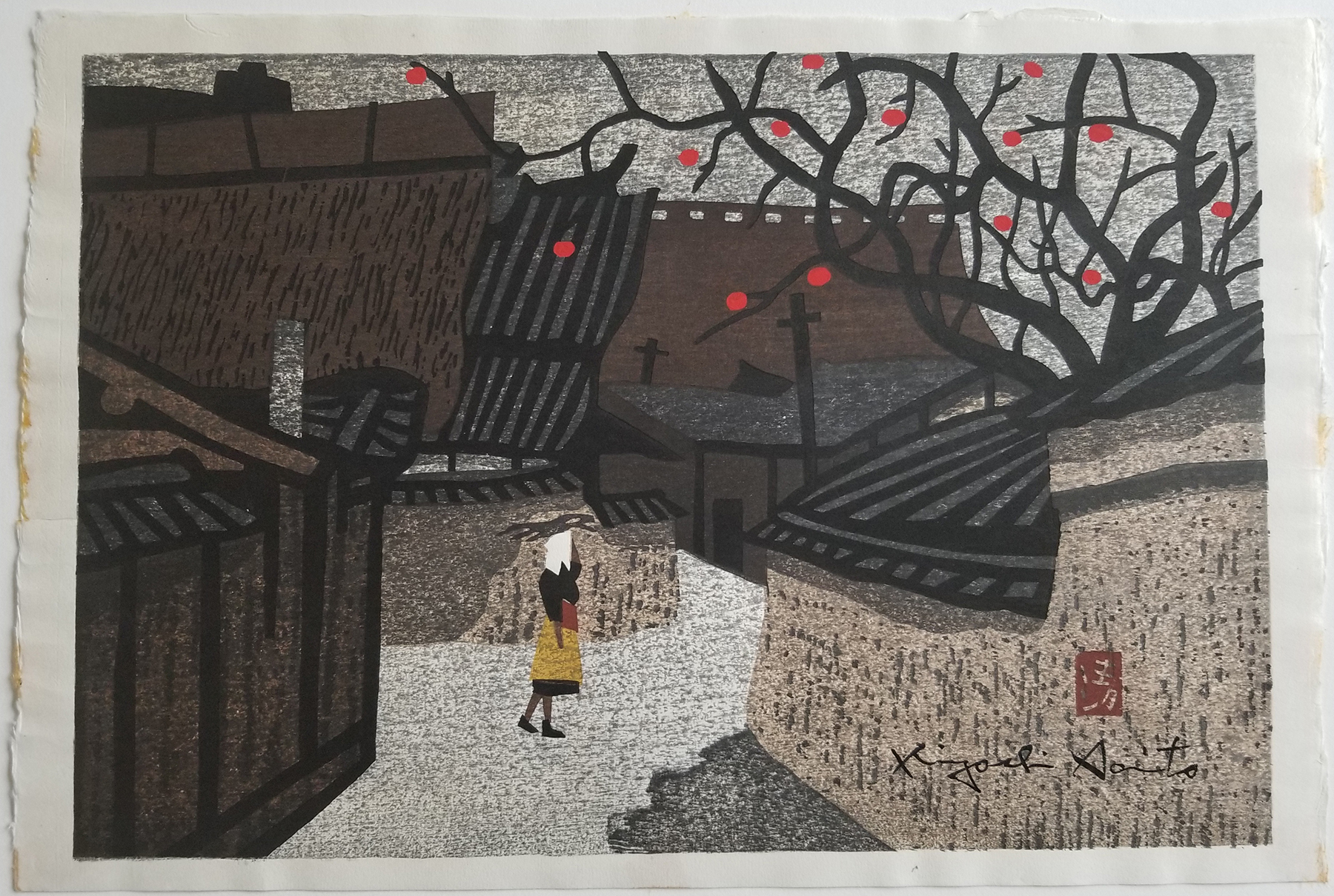 Persimmon Lined Street by Kiyoshi Saito Japanese Woodblock Print